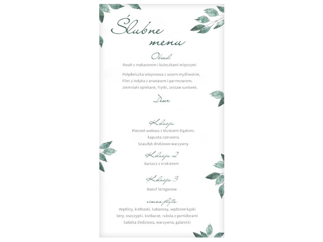ślubne menu Dark green leaves 9402 | PAMAS
